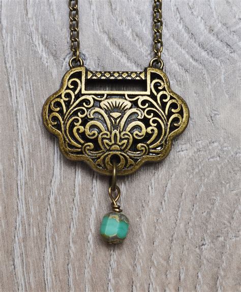 Floral Nouveau Necklace, Turquoise Czech Bead Necklace, Art Nouveau ...