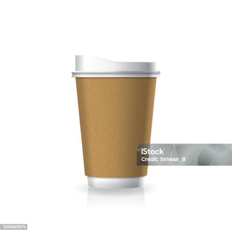 갈색 크래프트 종이 플라스틱 커피찻잔 중간 크기 모형 템플릿에 흰색 뚜껑이 있는 흰색 바닥 3차원 형태에 대한 스톡 벡터 아트 및 기타 이미지 Istock