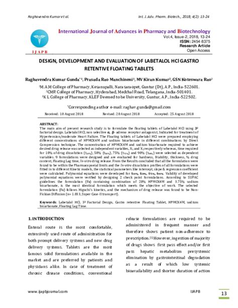 Pdf Design Development And Evaluation Of Labetalol Hcl Gastro Retentive Floating Tablets Dr