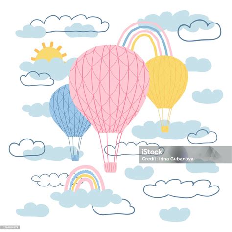 풍선 태양 무지개 만화 스타일의 구름이있는 어린이 포스터 키즈 프린트를 위한 귀여운 컨셉 디자인 엽서 직물 의류에 대한 그림