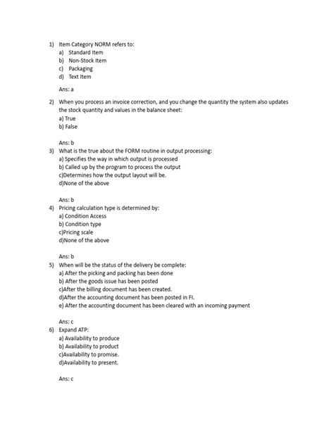 Sap Sd Important Mcq 5 1 Pdf Invoice Enterprise Resource Planning