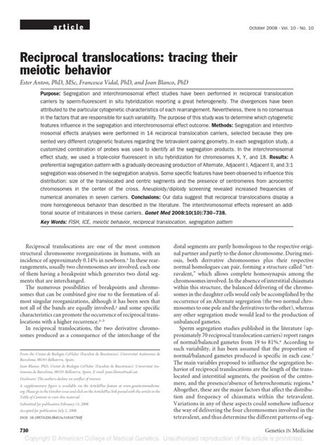 Reciprocal Translocations Tracing Their Meiotic Behavior Pdf