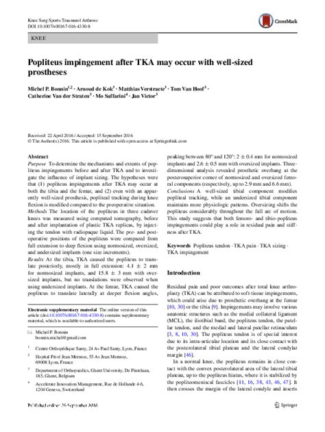 Pdf Popliteus Impingement After Tka May Occur With Well Sized Prosthèses