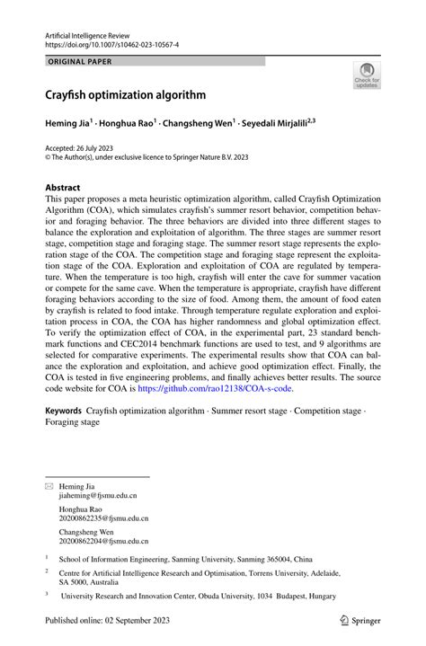 Pdf Crayfish Optimization Algorithm