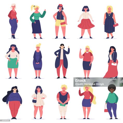 플러스 크기 아름다운 여성 다인종 몸 긍정적 인 여성 유행 캐릭터 매력적인 과체중 소녀 바디 포지티브 벡터 일러스트레이션 세트 개념에 대한 스톡 벡터 아트 및 기타 이미지