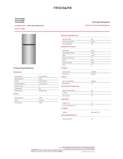 Frigidaire Ffht1835vs Ffht1835vw Specifications