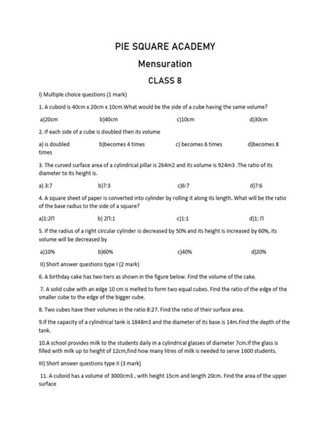 Mensuration Class 7 Pdf Area Volume