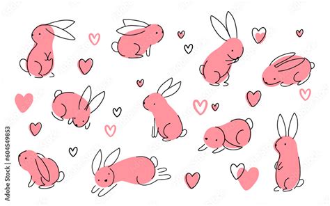 Set Of Easter Bunny In Simple One Line Style Colored Rabbit Icon Line Drawing Of Easter Rabbit