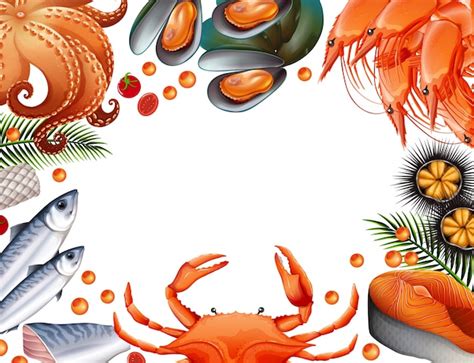Plantilla De Borde Con Diferentes Tipos De Mariscos Vector Premium