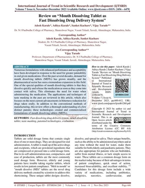 Review On “mouth Dissolving Tablet As Fast Dissolving Drug Delivery System” Pdf