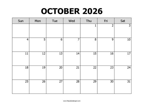 Free October 2026 Calendar Printable Pdf Word