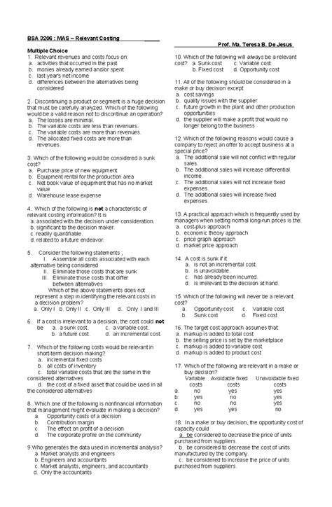 Relevant Costing Multiple Choice April 2024 Bsa 3206 Mas Relevant