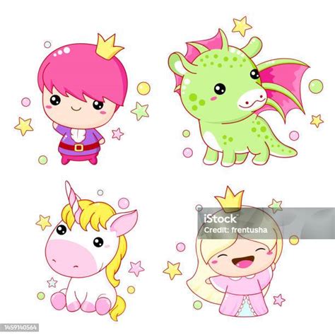 귀여운 동화 캐릭터의 집합입니다 작은 공주 왕자 유니콘과 용 재미 있는 행복 한 아기 캐릭터의 귀여운 동화 컬렉션 용에 대한 스톡 벡터 아트 및 기타 이미지 Istock