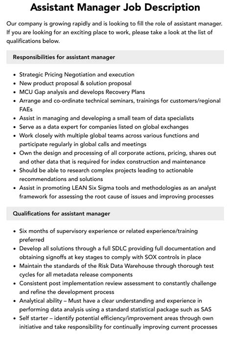 Assistant Manager Job Description Velvet Jobs