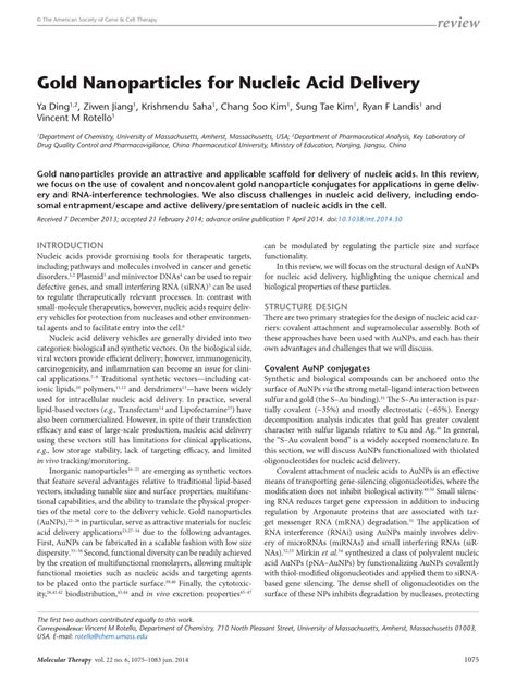 Pdf Gold Nanoparticles For Nucleic Acid Delivery