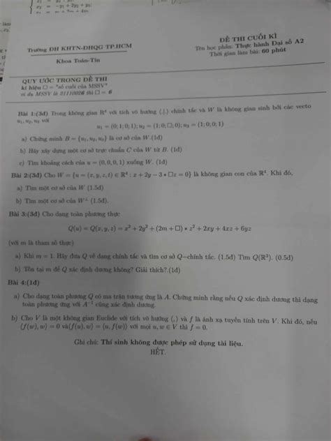 { x2=-y1+2 y2+y1 i x2=m+m0+4 m . Truöng DH KHTN-DHQG TP.HCM Khoa Toán-Tin DÊ THI CUÔI KÌ Ten hoc ...