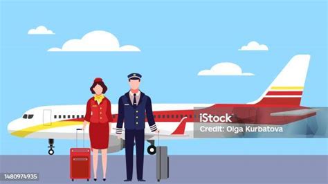 비행기 근처 공항에서 여행 가방을 들고 서 있는 조종사와 승무원 유니폼을 입은 전문 항공 노동자 객실 승무원 및 선장 만화 평면