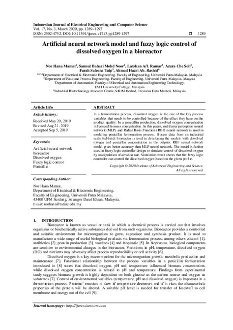 Pdf Artificial Neural Network Model And Fuzzy Logic Control Of Dissolved Oxygen In A Bioreactor