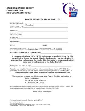 Fillable Online Relay Acsevents Track Sign Committment Form 2010