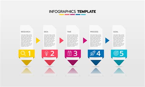 비즈니스 인포그래픽 템플릿 프로세스에는 간단한 기하학 정사각형 직사각형 원형 삼각형 가는 선 아이콘과 5개의 옵션 또는 단계가 있는 평면 디자인 템플릿의 곡선이 있습니다