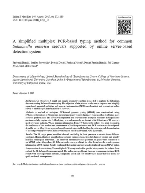 A Simplified Multiplex Pcr Based Typing Method For 18 Pdf Salmonella Serotype