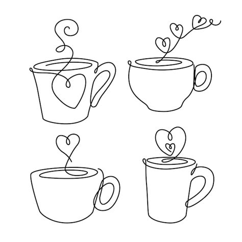 연속 선 그리기 뜨거운 커피와 심장 벡터 프리미엄 벡터