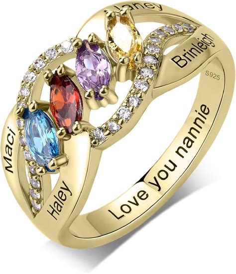 S925 Sterling Silver Mothers Rings With 4 Birthstones And Names