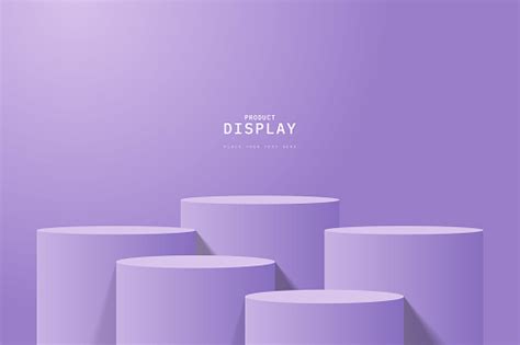 5단계 3d 실린더 연단 받침대 또는 제품 진열대가 있는 빈 보라색 클린룸 3d 벡터 기하학적 플랫폼 디자인 모형을 위한 최소한의 벽 장면 제품 프레젠테이션을 위한