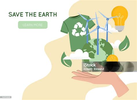 지구 지구 풍력 발전소 전구 재활용 티셔츠 줄이기 재사용 재활용 기호를 들고 있는 인간의 손의 벡터 삽화 세계 환경의 날 지구를 구하는 개념 지속 가능성 재생 가능한 풍력