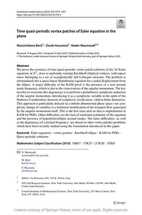 Time Quasi Periodic Vortex Patches Of Euler Equation In The Plane Request Pdf