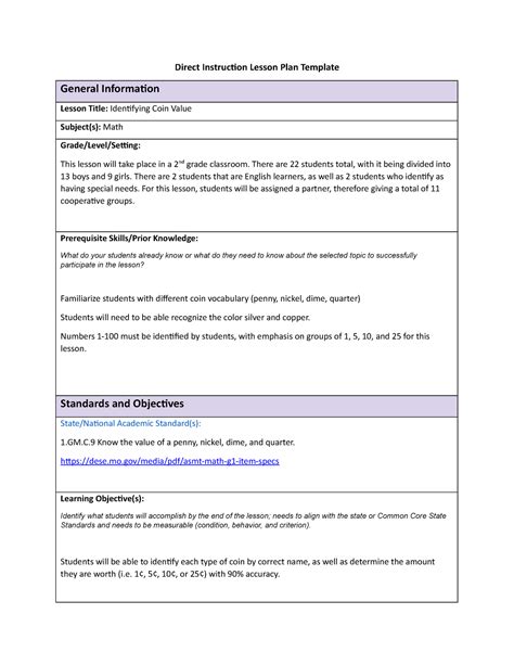 C109 Task 1 Lesson Plan Template Direct Instruction Lesson Plan Template General Information