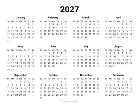 Free Printable 2027 Calendar With Holidays
