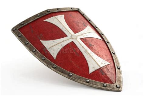Medieval Crusader S Metal Shield With White Cross Isolated Stock Medieval Crusader S Metal Shield With White Cross Isolated Stock