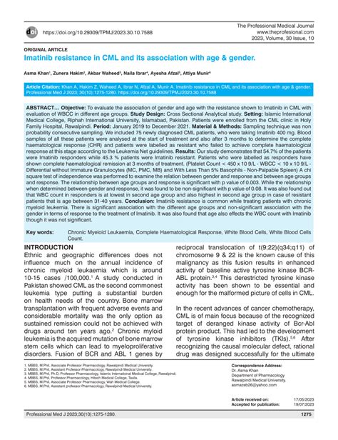 Pdf Imatinib Resistance In Cml And Its Association With Age And Gender