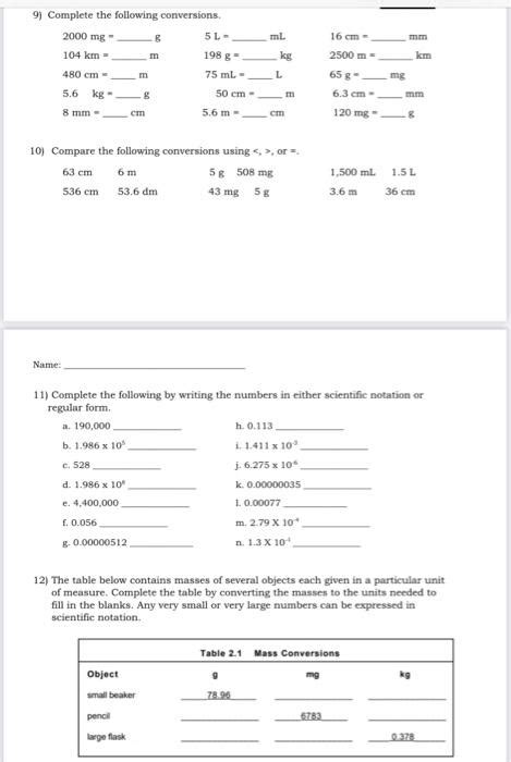 solved 9 complete the following conversions 10 compare