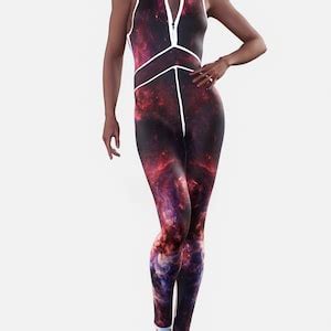 Red Nebula Shaping Bodysuit Halloween Celestial Catsuit Women Space Stars Unitard Fitness