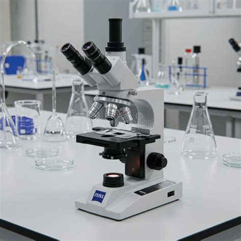 Microscope On A Laboratory Bench Surrounded By Glassware Such As