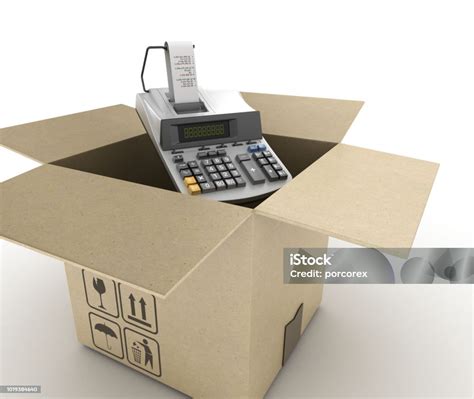 추가 기계 테이프 계산기골 판지 상자를 열고 3d 렌더링 0명에 대한 스톡 사진 및 기타 이미지 0명 3차원 형태 갈색