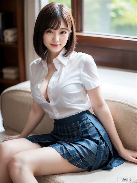 A Close Up Of A Woman Sitting On A Couch Wearing A Skirt Seaart Ai