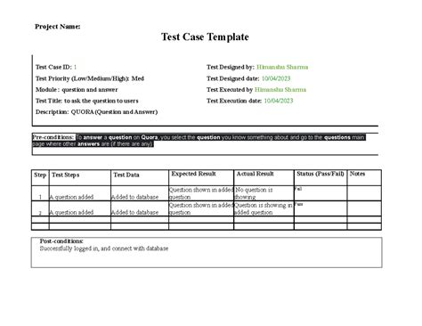 Srs Test Cases Project Name Test Case Template Test Case Id 1 Test