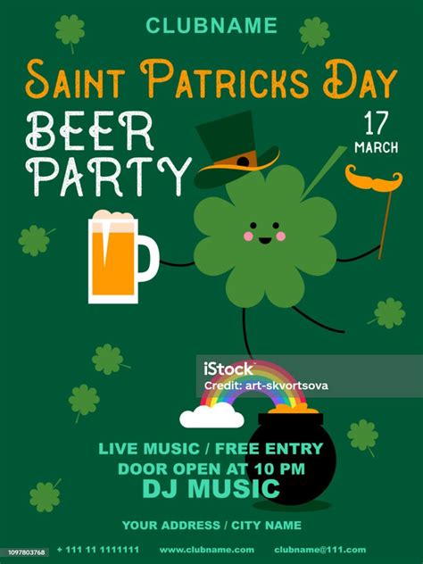 성 패 트 릭의 날 포스터입니다 그린 클로버의 잎 녹색 배경입니다 밤 파티 배너 또는 포스터입니다 초대 디스코 파티입니다 인쇄 술입니다 벡터 일러스트 레이 션 3월에 대한