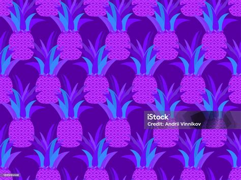 파인애플 매끄러운 패턴 보라색 파인애플 80 년대 스타일 티셔츠를 위한 여름 과일 배경 종이와 직물에 인쇄 벡터 일러스트레이션