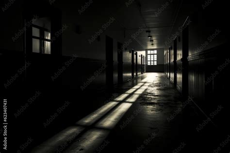 Bandw Empty Dark School Corridor With Sunlight Coming Through The Windows Generative Ai Stock