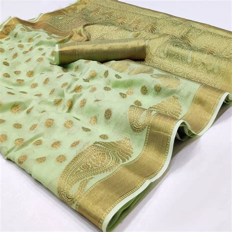 Pista Green Woven Cotton Blend Saree