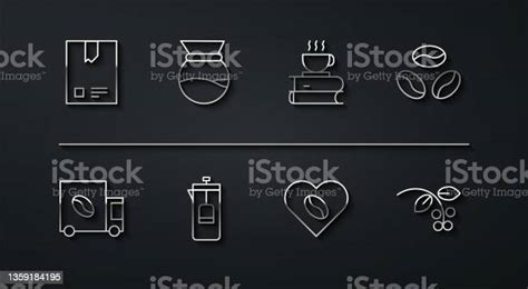 커피 원두 커피 스트리트 트럭 기계 연인 프랑스 프레스 부어 메이커 콩 가지 와 컵 및 책 아이콘의 세트 라인 가방 벡터 가리기에 대한 스톡 벡터 아트 및 기타 이미지