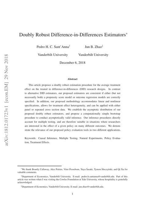 Pdf Doubly Robust Difference In Differences Estimators