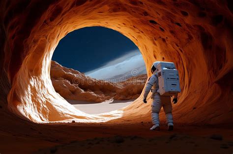 Astronaut Exploring A Cave On Mars With A Breathtaking View Of The Martian Surface Through The