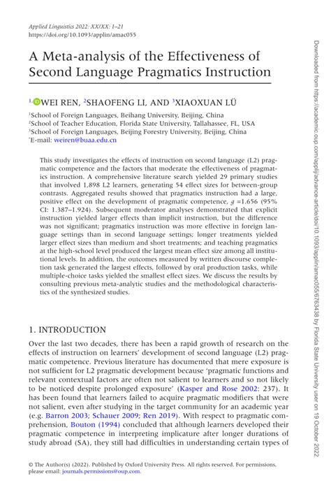 Pdf A Meta Analysis Of The Effectiveness Of Second Language Pragmatics Instruction