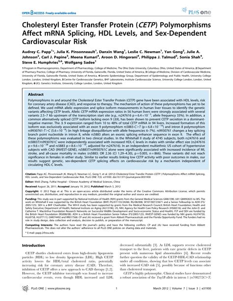 Pdf Cholesteryl Ester Transfer Protein Cetp Polymorphisms Affect Mrna Splicing Hdl Levels