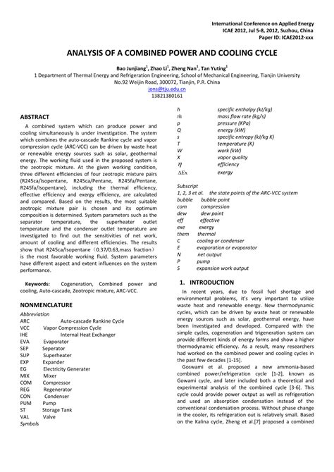 Pdf Analysis Of A Combined Power And Cooling Cycle